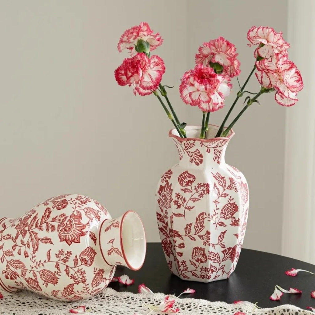 Retro Pink & White Ceramic Vase - Elegant Tabletop Décor for Living Ro ...