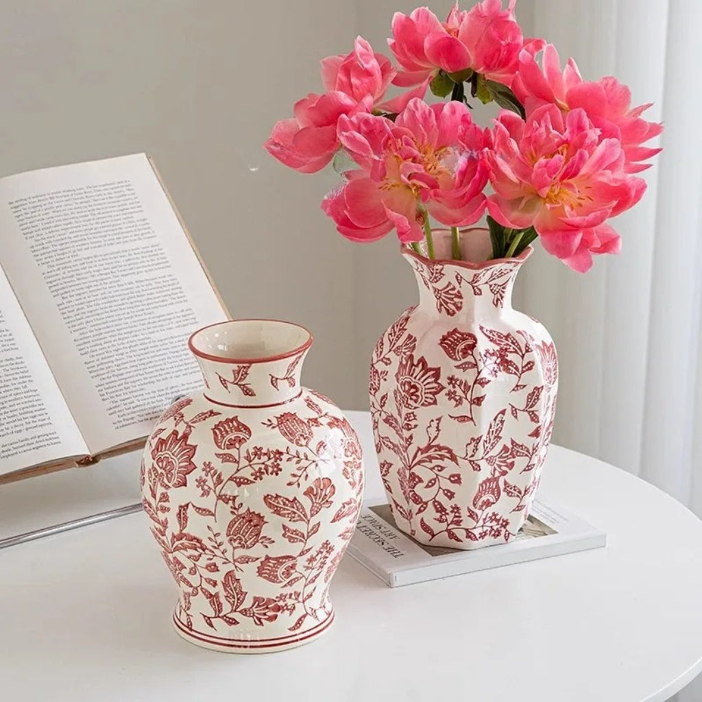 Retro Pink & White Ceramic Vase - Elegant Tabletop Décor for Living Ro ...